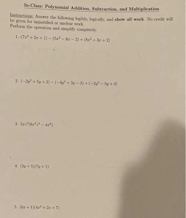 Solved In-Class: Polynomial Addition, Subtraction, and | Chegg.com