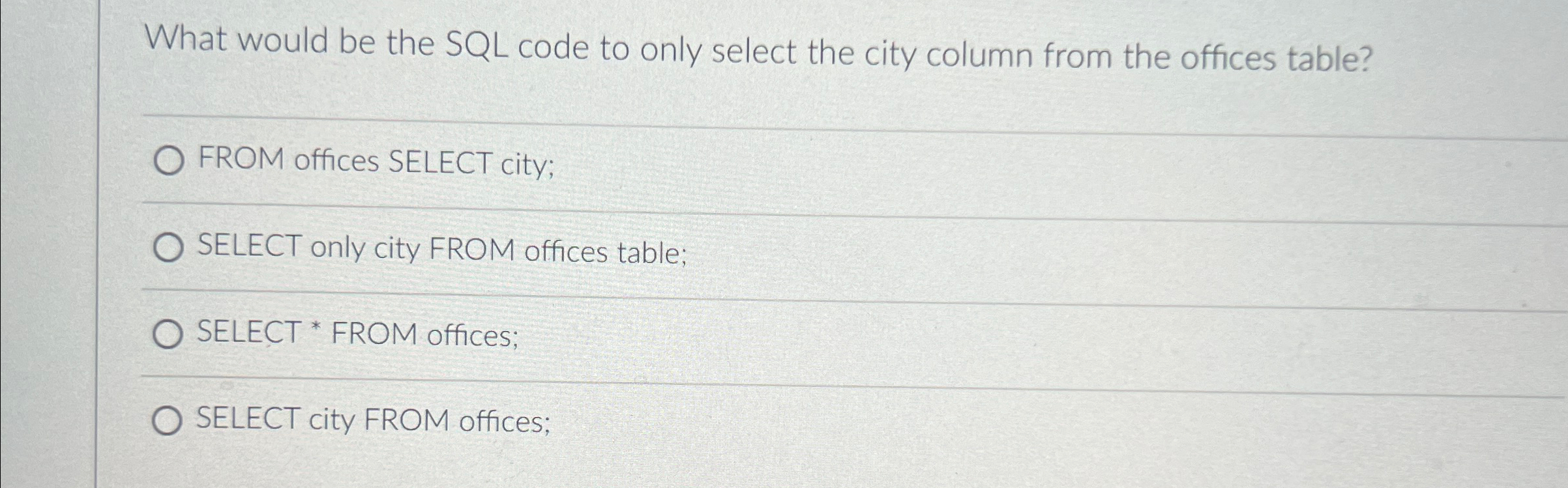 Solved What would be the SQL code to only select the city | Chegg.com
