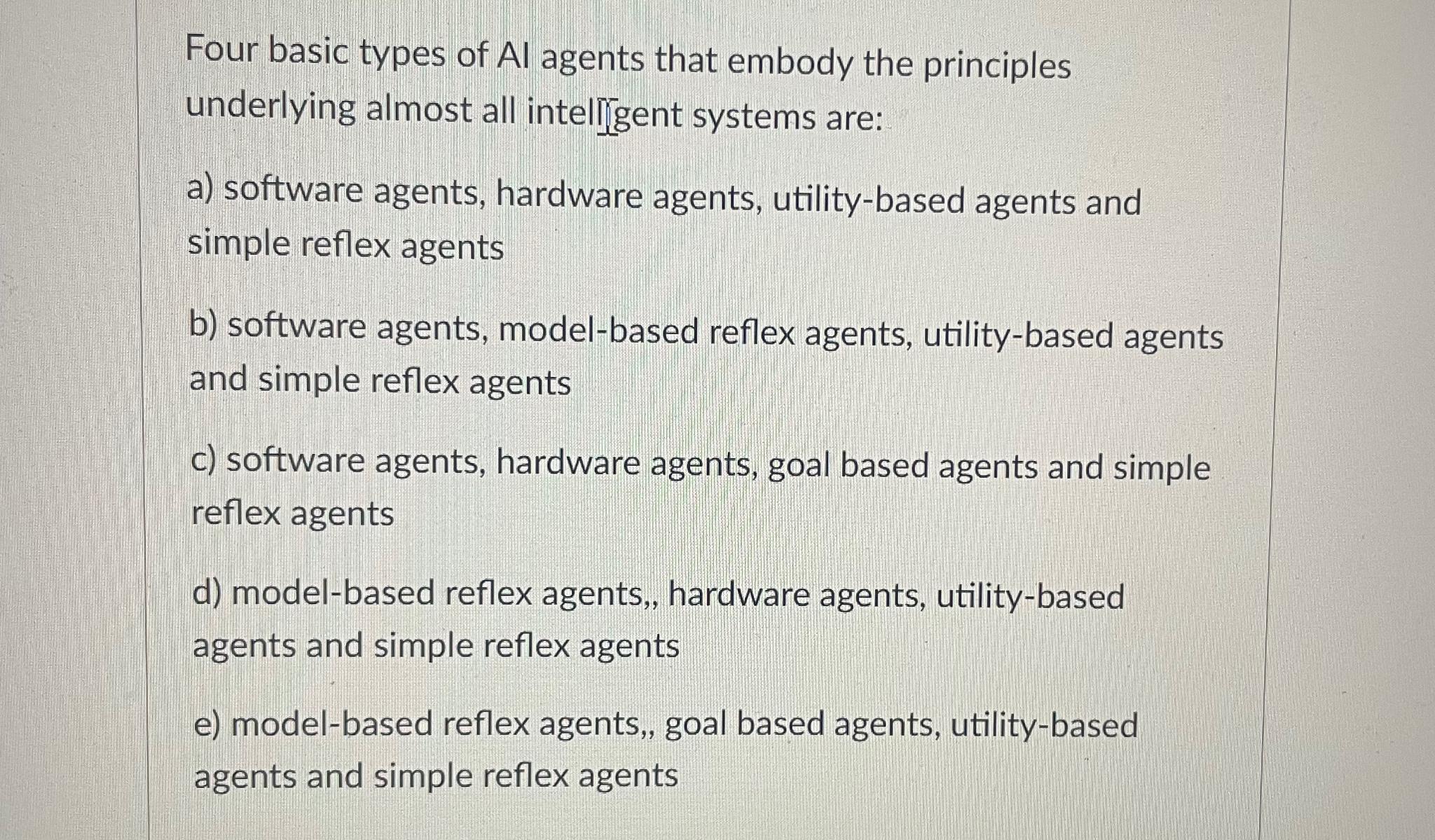 Solved Four basic types of Al ﻿agents that embody the | Chegg.com