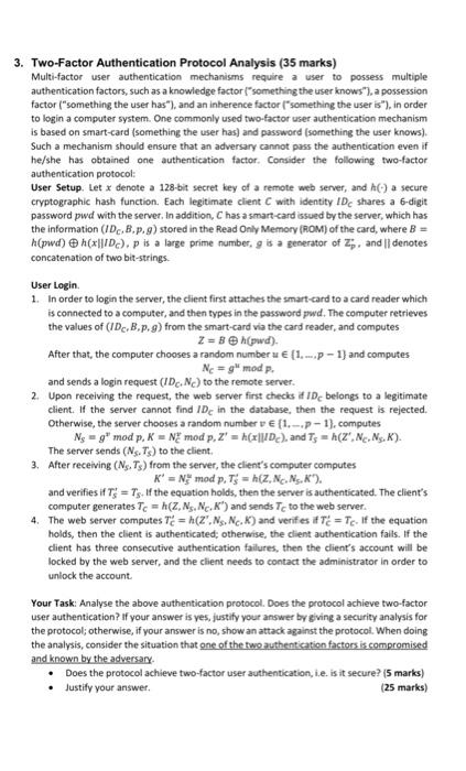 3. Two-Factor Authentication Protocol Analysis (35 | Chegg.com