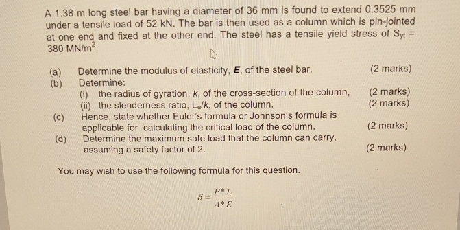 Solved A 1.38 ﻿m long steel bar having a diameter of 36 ﻿mm | Chegg.com