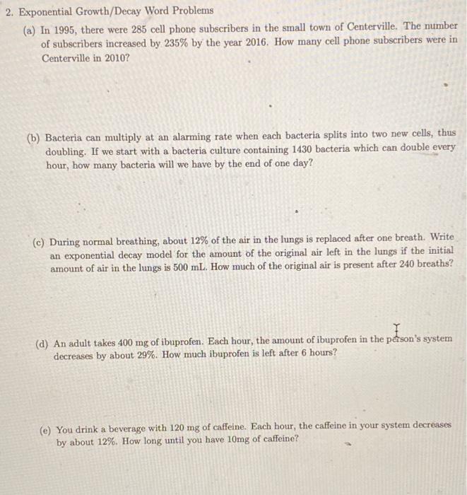 Solved 2. Exponential Growth/Decay Word Problems (a) In | Chegg.com