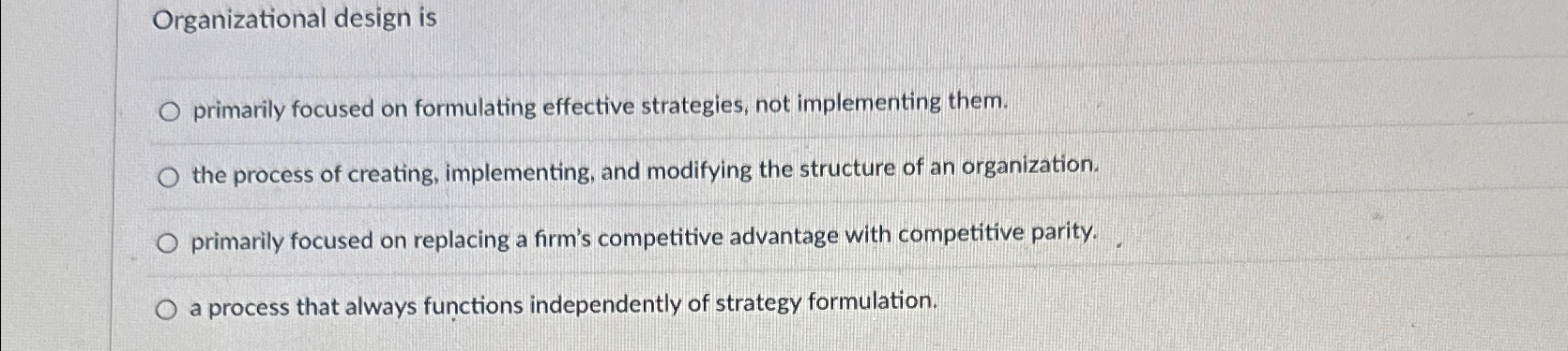 Solved Organizational design isprimarily focused on | Chegg.com