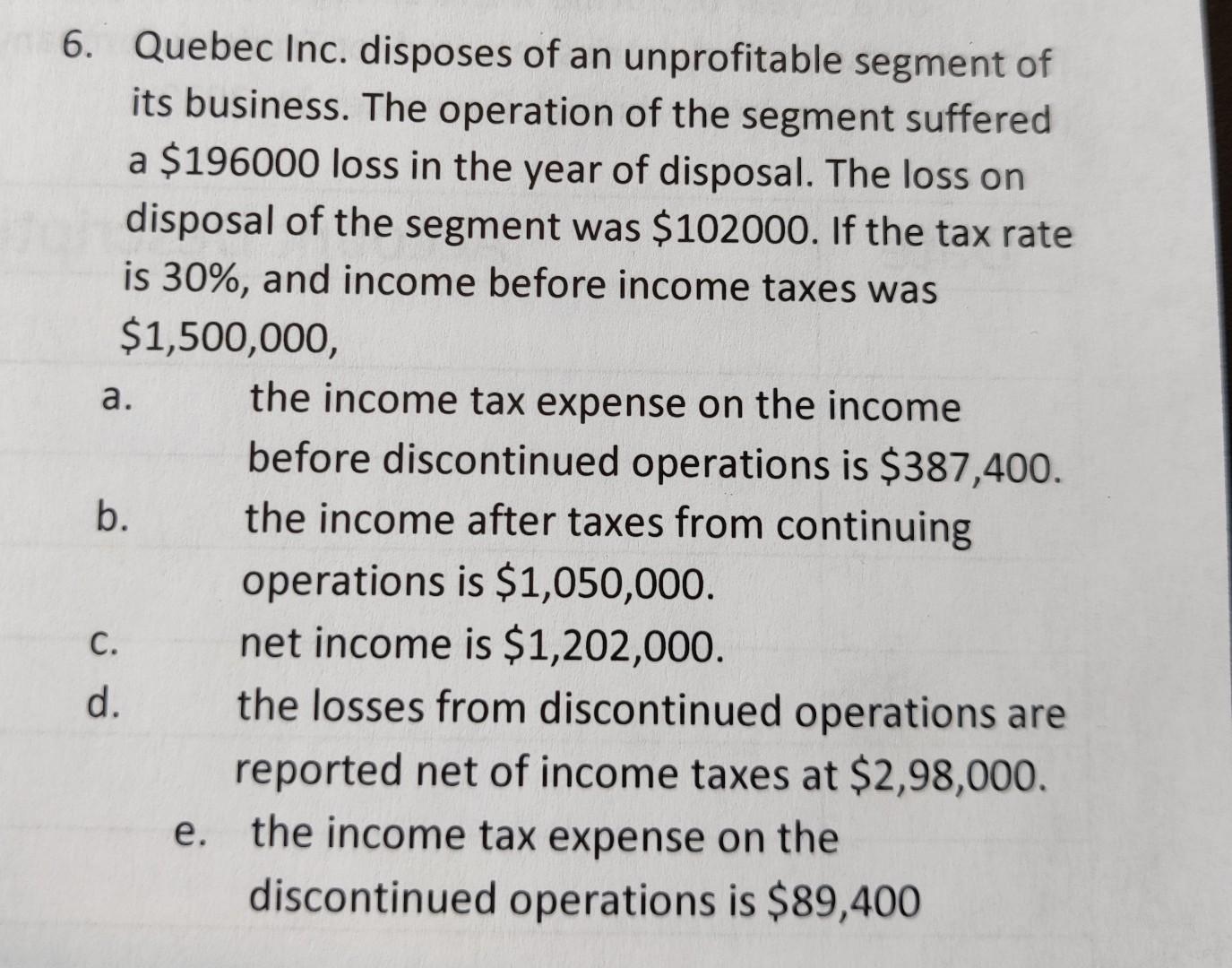 Solved a. 6. Quebec Inc. disposes of an unprofitable segment | Chegg.com