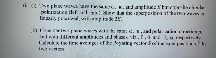 Solved 6. (i) Two plane waves have the same o, K, and | Chegg.com