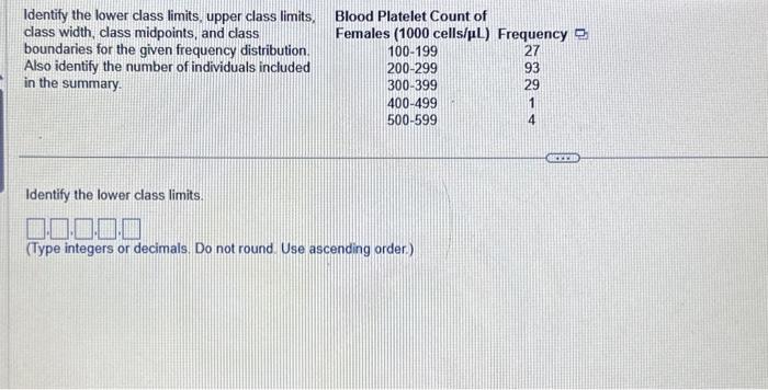 Solved Identify the lower class limits, upper class limits, | Chegg.com
