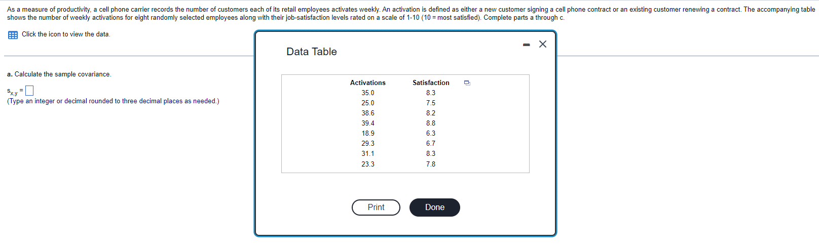 Solved a. ﻿Calculate the sample covariance.sx,y=? | Chegg.com