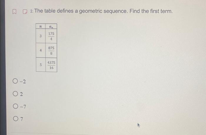 Solved The table defines a geometric sequence. Find the | Chegg.com