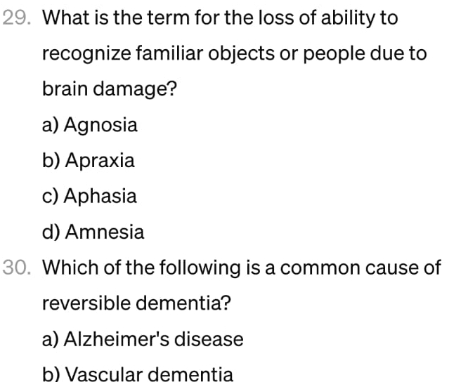 Solved What is the term for the loss of ability to recognize | Chegg.com