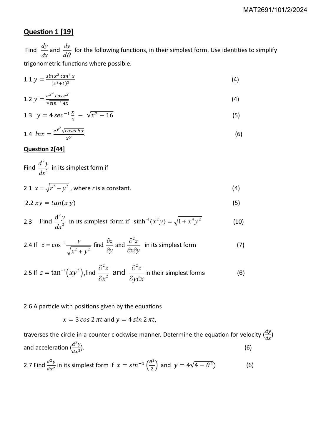 Solved MAT2691/101/2/2024Question 1[19]Find dydx ﻿and dydθ | Chegg.com
