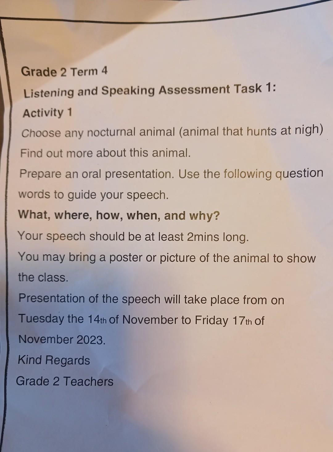 Grade 2 Term 4 Listening and Speaking Assessment Task | Chegg.com