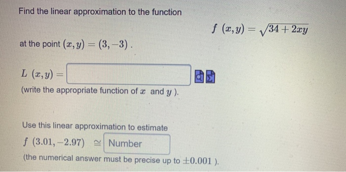 Solved Find the linear approximation to the function f (x,y) | Chegg.com