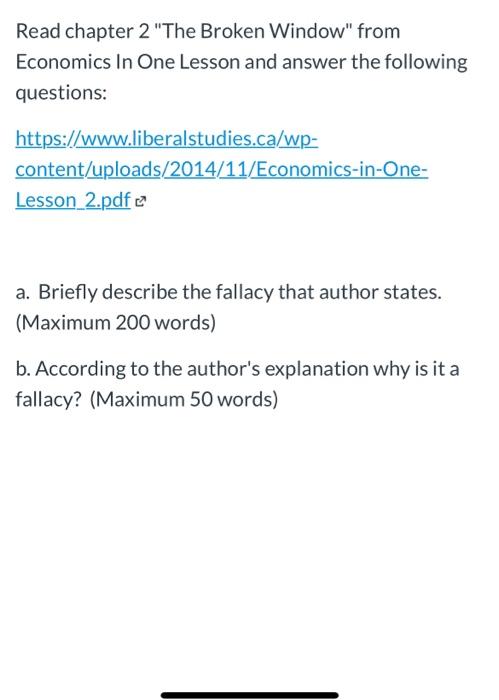 Solved Read chapter 2 "The Broken Window" from Economics In | Chegg.com