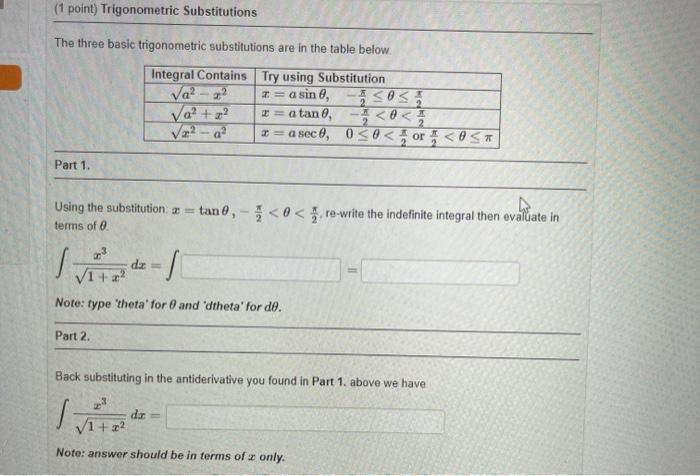 Solved (1 point) Trigonometric Substitutions The three basic | Chegg.com