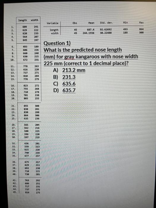 Solved Question 1) What is the predicted nose length (mm) | Chegg.com