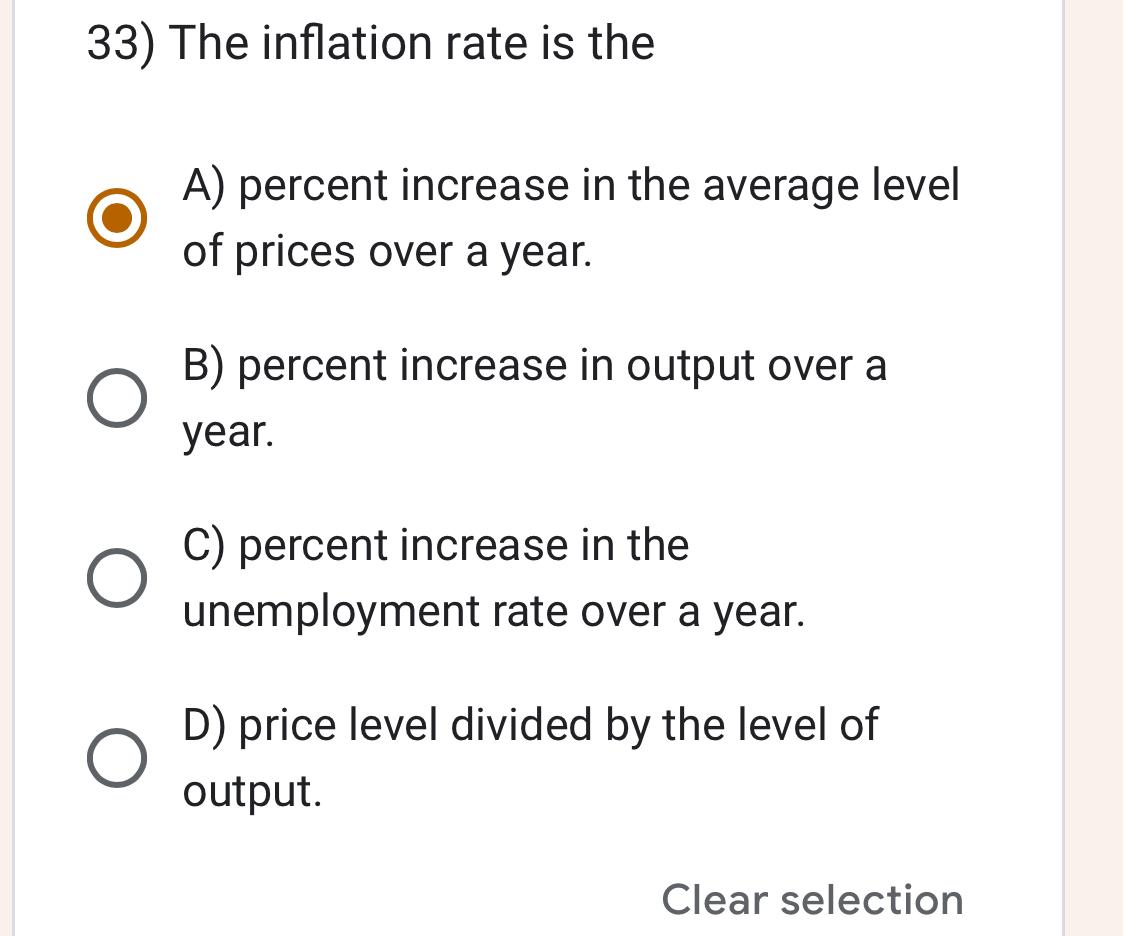 Solved The inflation rate is theA) ﻿percent increase in the | Chegg.com