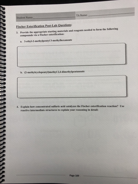 Solved TA Name: Student Name Fischer Esterification Post-Lab | Chegg.com