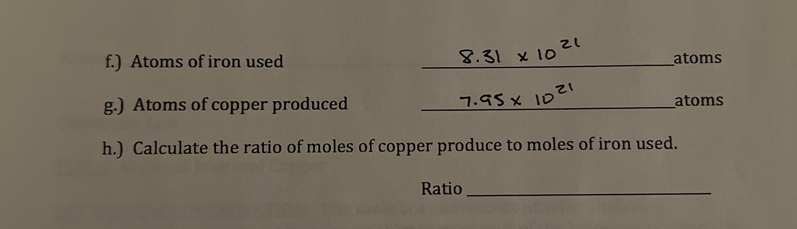 Solved Moles of Fe used: 0.0138Moles of Cu produced: | Chegg.com