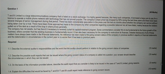 Solved Question 1(40 ﻿Marks)T and B Limited is a large | Chegg.com