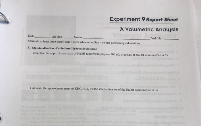 Solved Experiment 9 Report Sheet A Volumetric Analysis Date | Chegg.com