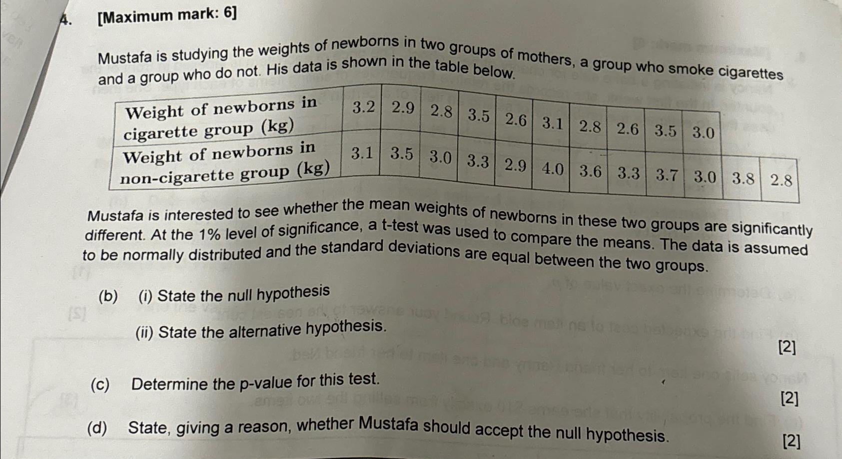 Solved [Maximum mark: 6]Mustafa is studying the weights of | Chegg.com