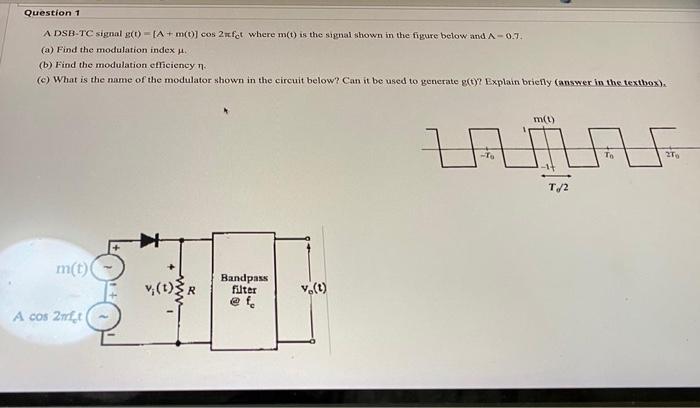 Solved Question 1 A DSB-TC signal g(0) - [A + m() cos Zxfet | Chegg.com