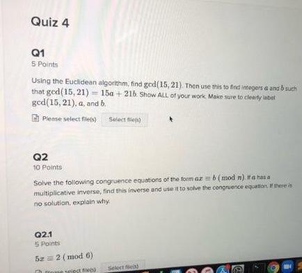Solved Quiz 4 Q1 5 Points Using the Euclidean algorithm, | Chegg.com