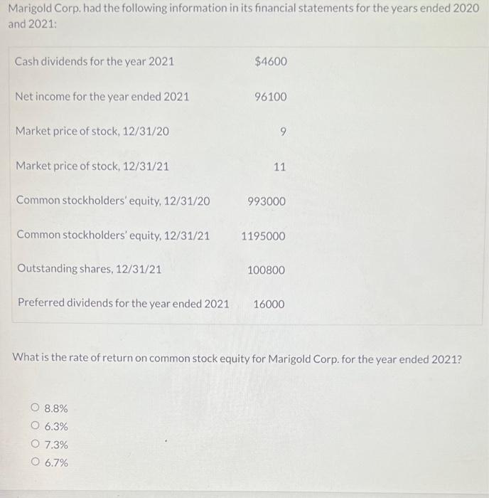 Solved Marigold Corp. had the following information in its | Chegg.com