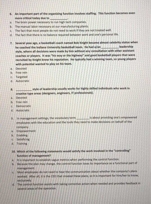 Solved 8. 6. An important part of the organizing function | Chegg.com