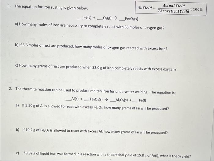 Solved 1. The equation for iron rusting is given below: % | Chegg.com