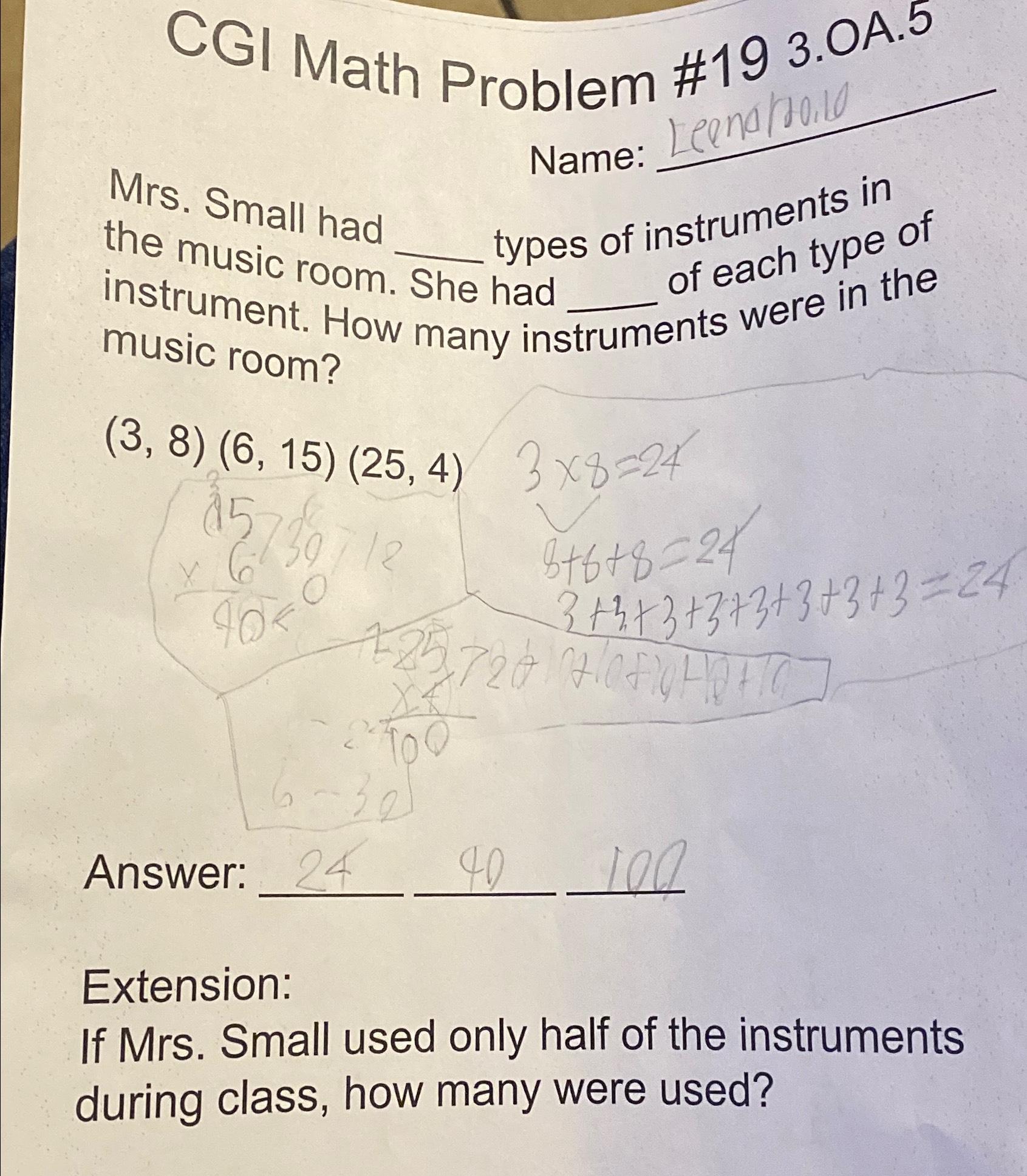 CGI Math Problem #19 3.0A.5Name:Mrs. ﻿Small had types | Chegg.com