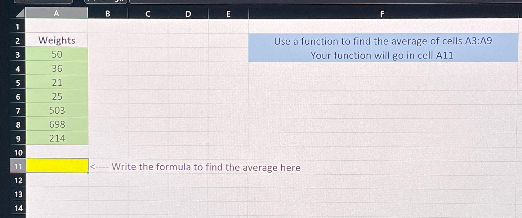 Solved Use a function to find the average of cells A3:A9Your | Chegg.com