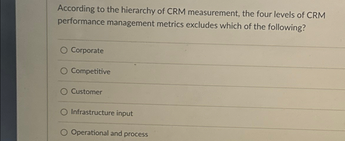 Solved According to the hierarchy of CRM measurement, the | Chegg.com