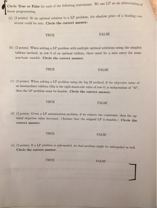 Solved Circle True or False for each of the following | Chegg.com