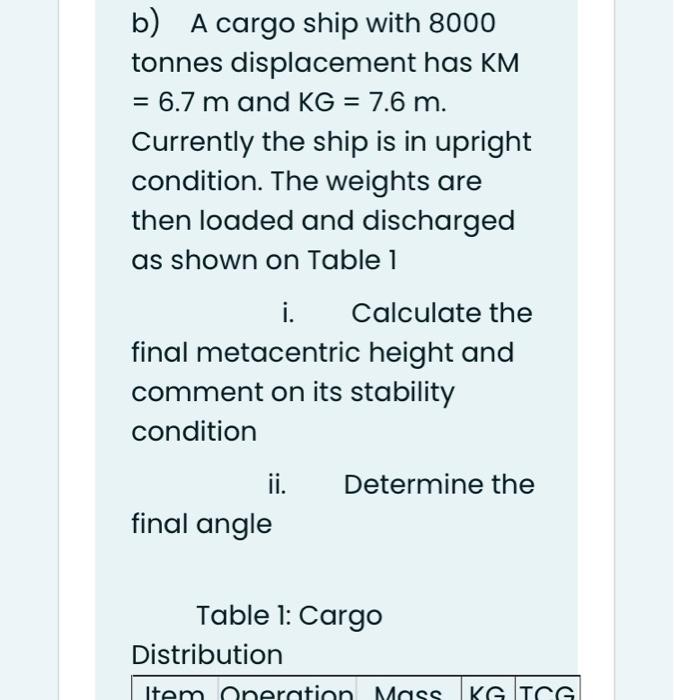 Solved b) A cargo ship with 8000 tonnes displacement has KM | Chegg.com