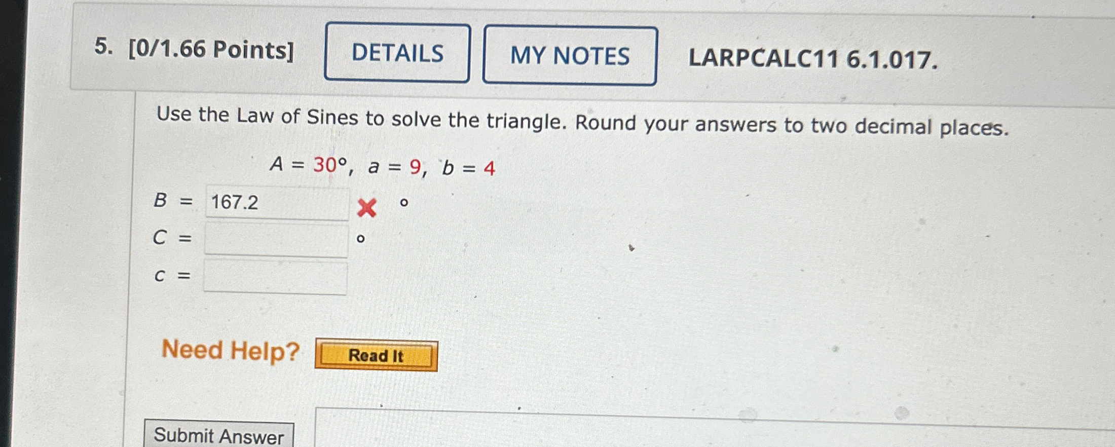 Solved [0/1.66 ﻿Points]LARPCALC11 6.1.017.Use the Law of | Chegg.com