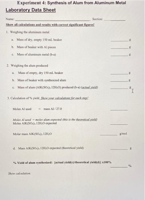 Experiment 4: Synthesis of Alum from Aluminum Metal | Chegg.com
