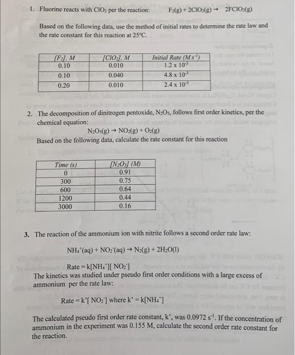 Solved 1. Fluorine reacts with ClO2 per the reaction: F2(g) | Chegg.com