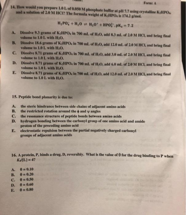 Solved Formi 14. How would you prepare 101 of 0.050 M | Chegg.com