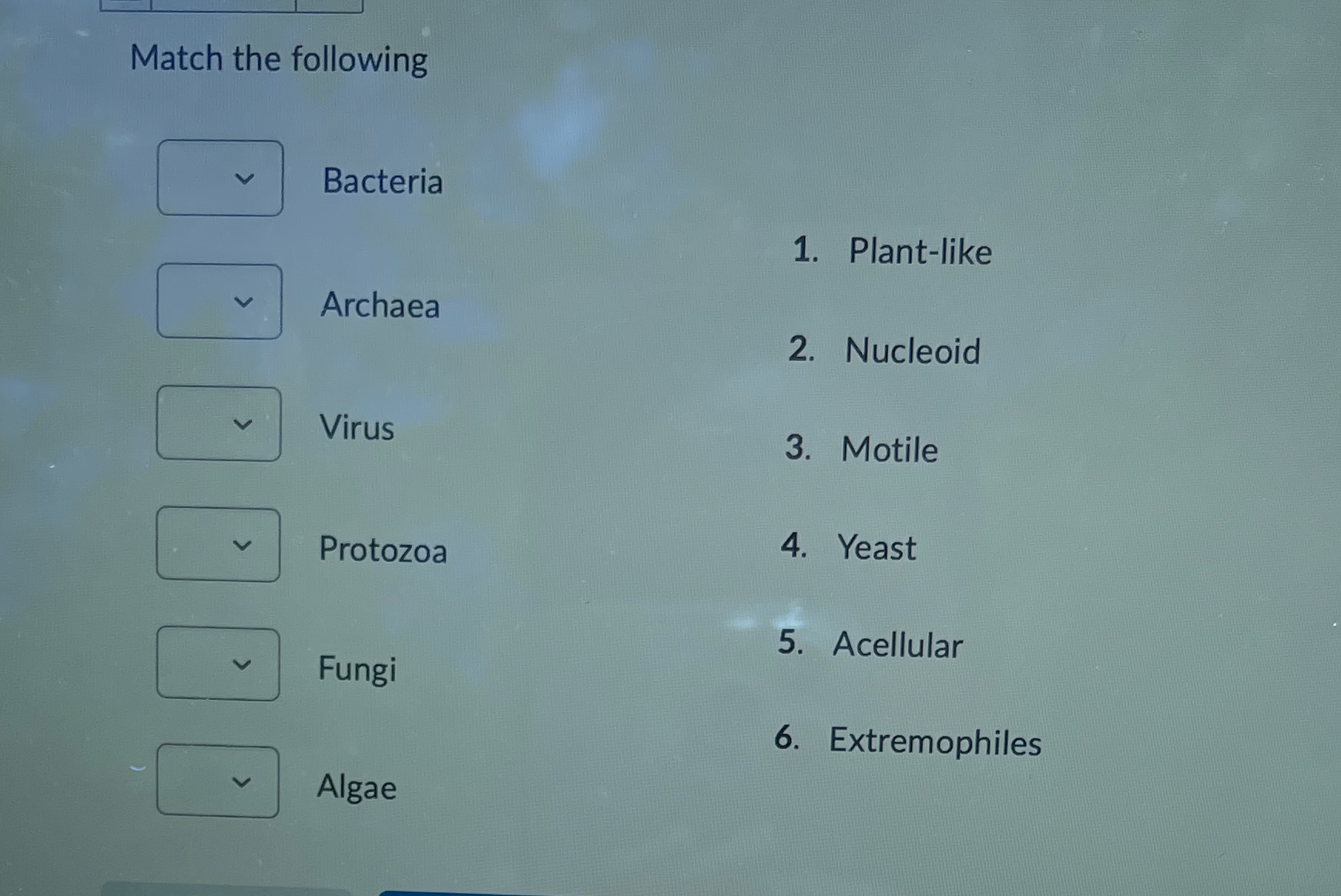 Solved Match the following ﻿Bacteria ﻿Archaea ﻿Virus | Chegg.com