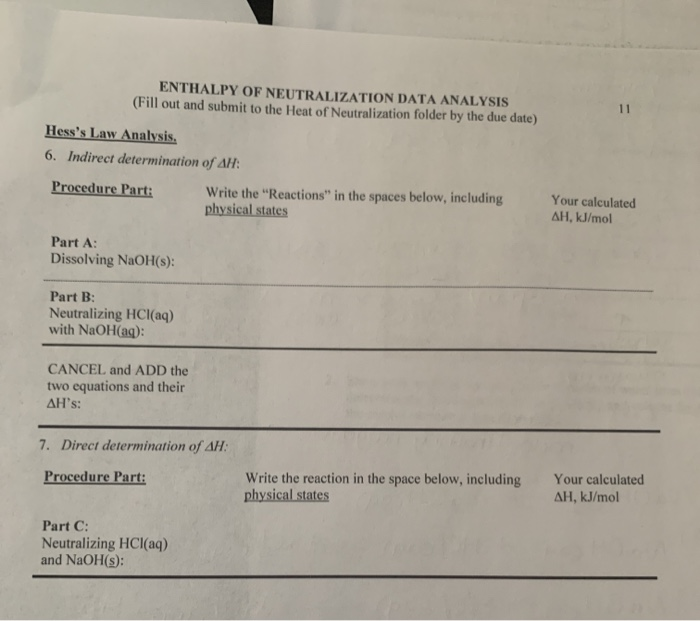 Solved ENTHALPY OF NEUTRALIZATION DATA ANALYSIS (Fill out | Chegg.com