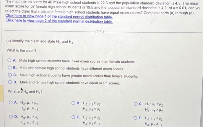 Solved The mean exam score for 46 male high school students | Chegg.com