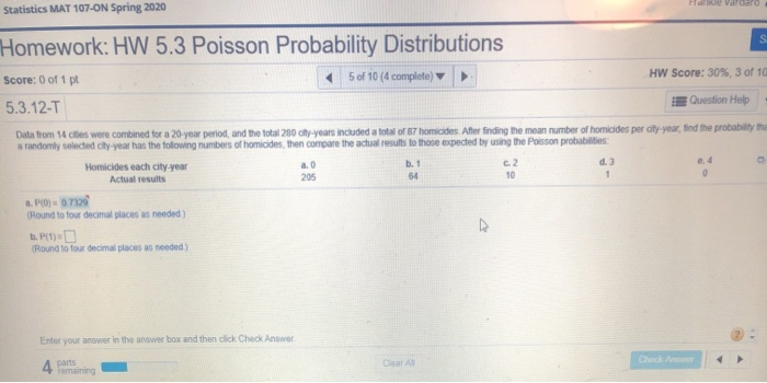 Solved Statistics MAT 107-ON Spring 2020 Homework: HW 5.3 | Chegg.com