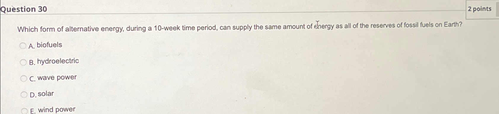 Solved Question 302 ﻿pointsWhich form of alternative energy, | Chegg.com