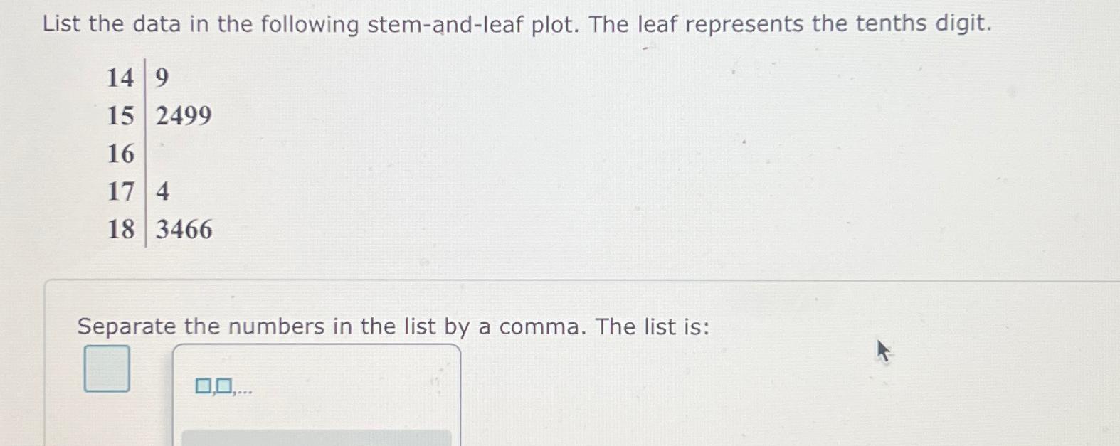 Solved List the data in the following stem-and-leaf plot. | Chegg.com