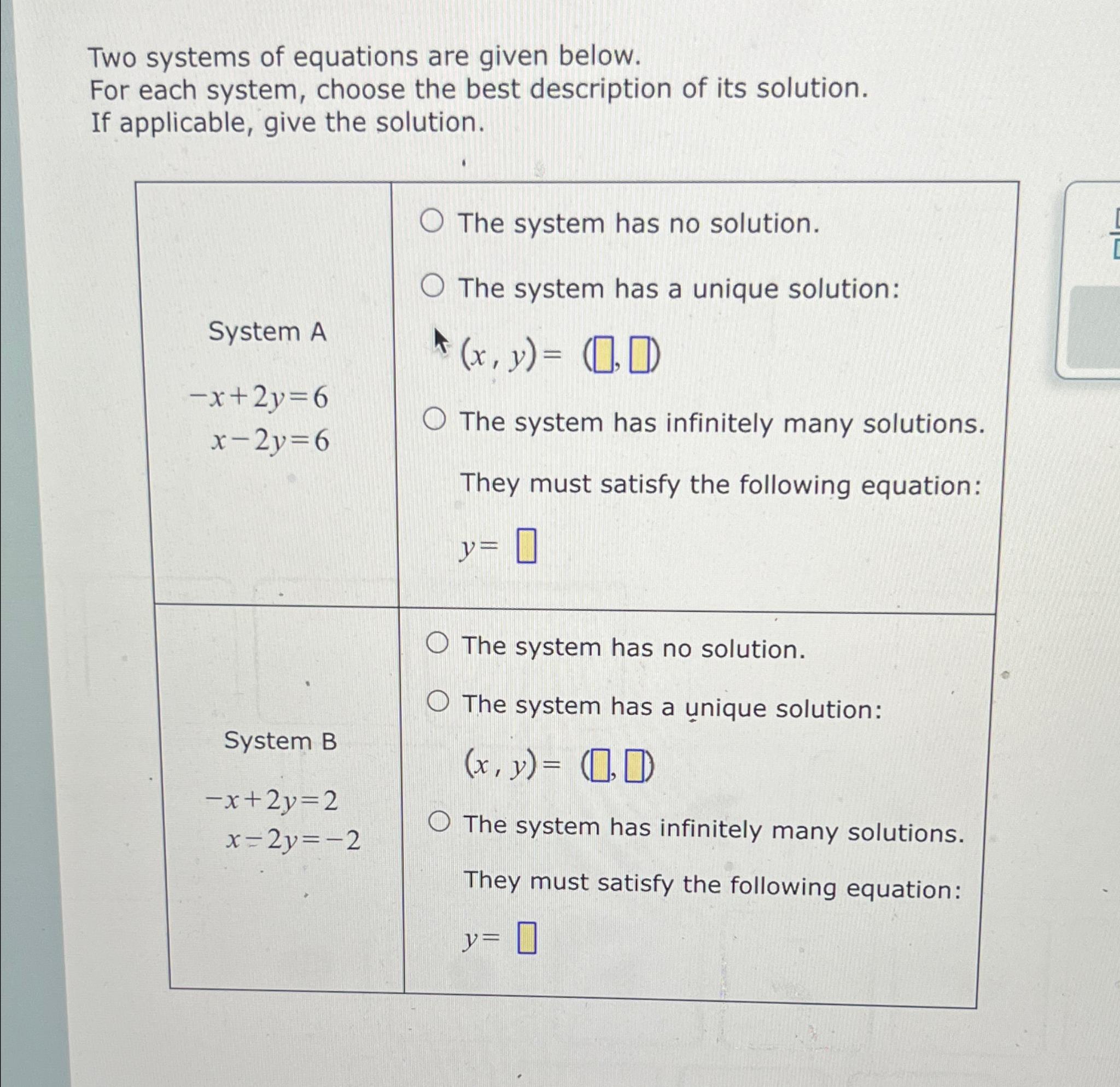 Solved Two systems of equations are given below.For each | Chegg.com