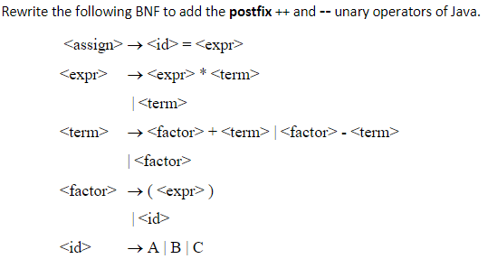 Solved Rewrite the following BNF to add the postfix ++ ﻿and | Chegg.com