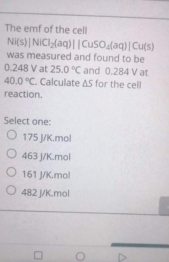 Solved The emf of the cell Ni(s)NiCl2(aq)||CuSO4(aq)| Cu(s) | Chegg.com