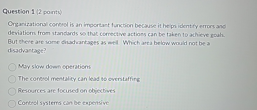 Solved Question 1 (2 ﻿points)Organizational control is an | Chegg.com