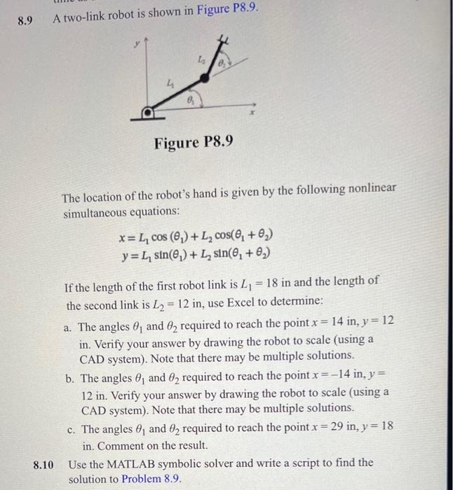 Solved 8.9 A two-link robot is shown in Figure P8.9. Figure | Chegg.com